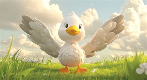 The Green Field With Clouds Is The Backdrop For A Cute Cartoon Bird