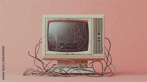 Vintage Computer Setup Featuring An Old Cracked Monitor And Tangled