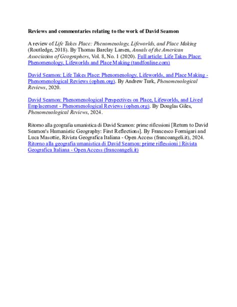 Pdf Reviews And Commentaries Relating To The Work Of David Seamon