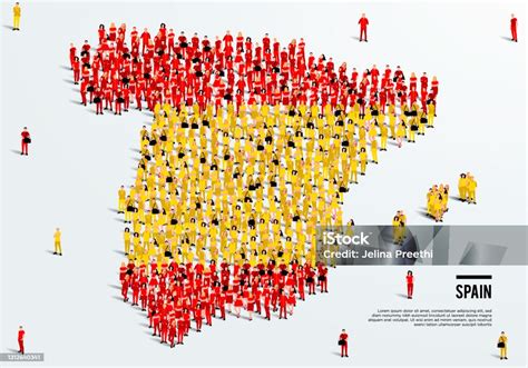 스페인지도와 플래그 지도를 만들기 위해 스페인어 플래그 색상 형태의 사람들의 큰 그룹 벡터 일러스트레이션 개념에 대한 스톡 벡터