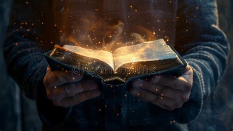Hands Of A Man Holding The Holy Bible Light Radiating Over The