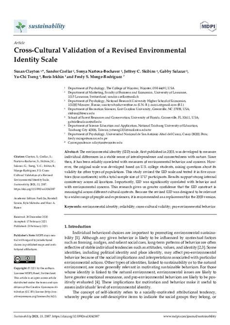 Pdf Cross Cultural Validation Of A Revised Environmental Identity Scale