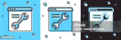 파란색과 흰색 검은색 배경에 격리된 브라우저 설정 아이콘을 설정합니다 조정 서비스 유지 보수 수리 고정 벡터 Crash Site에 대한 스톡 벡터 아트 및 기타 이미지