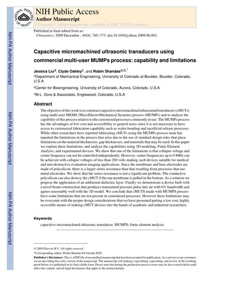 Pdf Capacitive Micromachined Ultrasonic Transducers Using Commercial Multi User Mumps Process