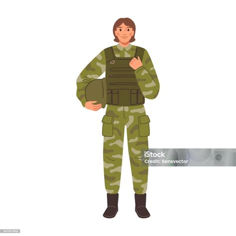 군대에서 복무하는 여성 인물 구명조끼와 헬멧을 쓰고 있는 고립된 여자 전투원 또는 군인 군대의 전투기 평면 만화 벡터 일러스트 레이 션 군사에 대한 스톡 벡터 아트 및 기타