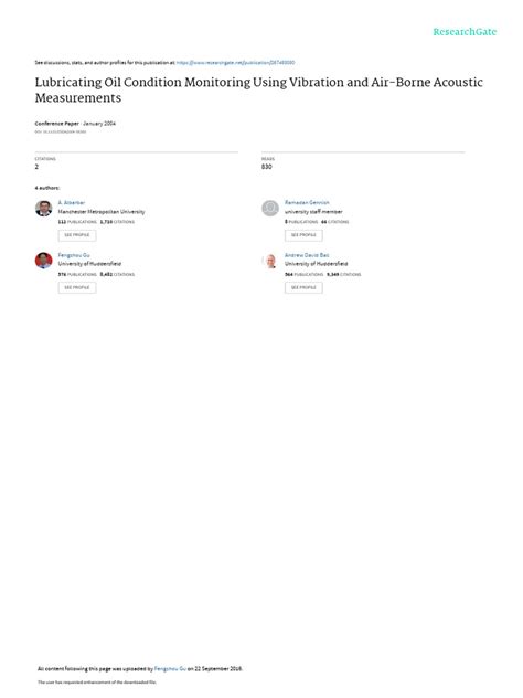 Lubricating Oil Condition Monitoring Using Vibration And Air Borne Acoustic Measurements Pdf
