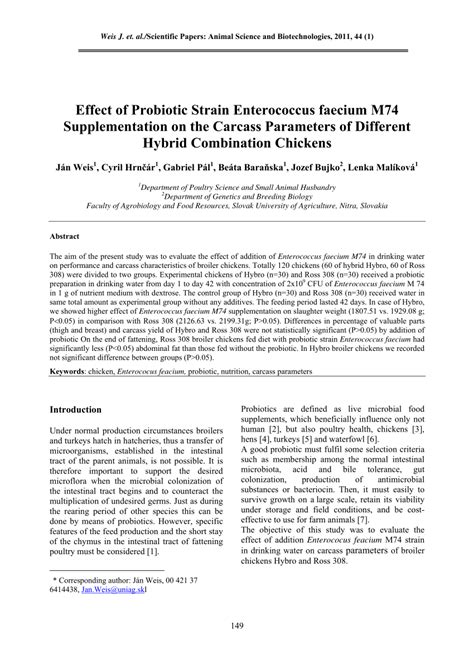 Pdf Effect Of Probiotic Strain Enterococcus Faecium M74 Supplementation On The Carcass