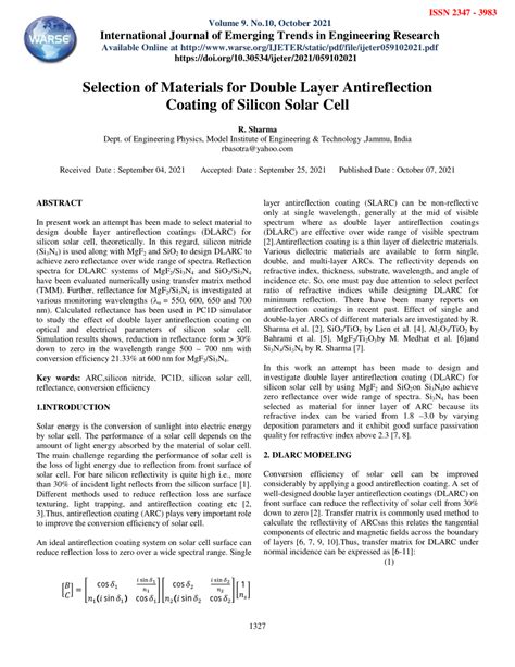 Pdf Selection Of Materials For Double Layer Antireflection Coating Of Silicon Solar Cell