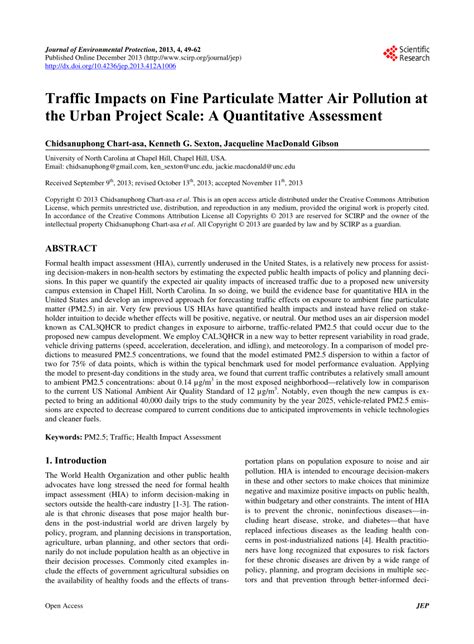 Pdf Traffic Impacts On Fine Particulate Matter Air Pollution At The Urban Project Scale A