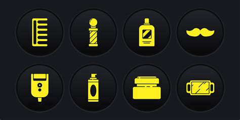 남성용 전기 면도날 콧수염 면도 젤 폼 크림 로션 화장품 튜브 샴푸 병 클래식 이발소 기둥 손 거울 및 헤어브러시 아이콘 세트 벡터 거울에 대한 스톡 벡터 아트 및 기타