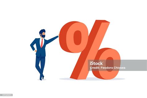 흰색 배경에 빨간색 큰 백분율 기호 옆에 서 있는 사업가의 벡터 퍼센트 기호에 대한 스톡 벡터 아트 및 기타 이미지 퍼센트 기호 만화 3차원 형태 Istock