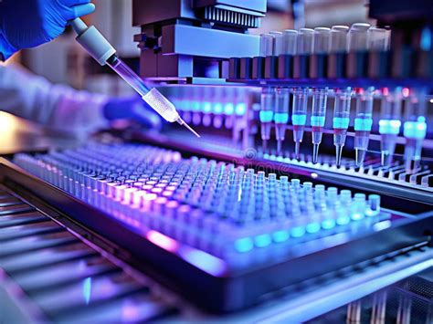 Close Up Of A Robotic Arm With A Syringe Injecting Liquid Into Test Tubes Arranged In A Grid