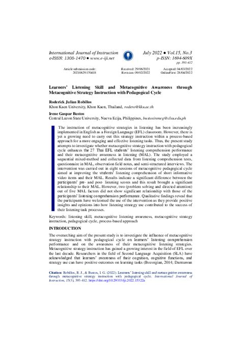 pdf learners listening skill and metacognitive awareness through