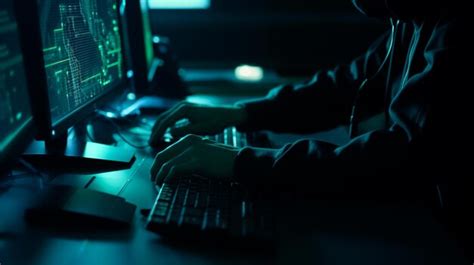 Premium Ai Image Cyber Criminal Hacking System At Monitors Hacker Hands At Work Internet Crime