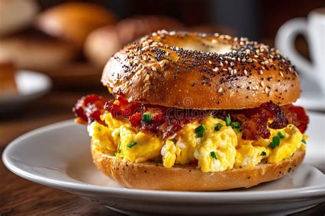 Delicious Breakfast Bagel Sandwich With Scrambled Eggs Bacon And
