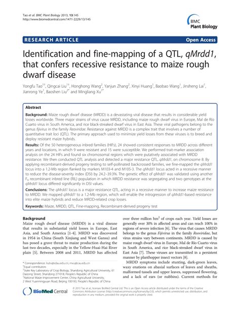 Pdf Identification And Fine Mapping Of A Qtl Qmrdd1 That Confers Recessive Resistance To