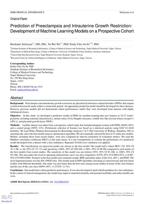 Pdf Prediction Of Preeclampsia And Intrauterine Growth Restriction Development Of Machine