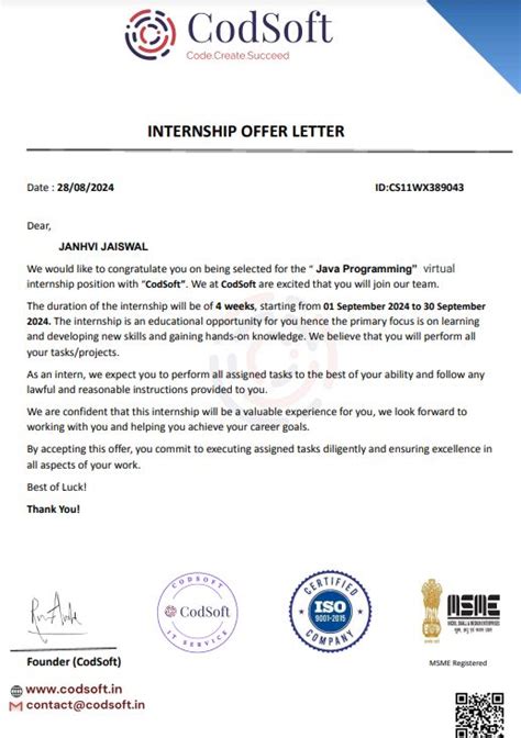 Janhvi Jaiswal On Linkedin Javadeveloperintern Codsoft Grateful