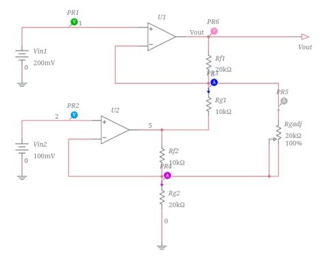 2 Op Amp Variable Gain Instrumentation Amplifier Multisim Live