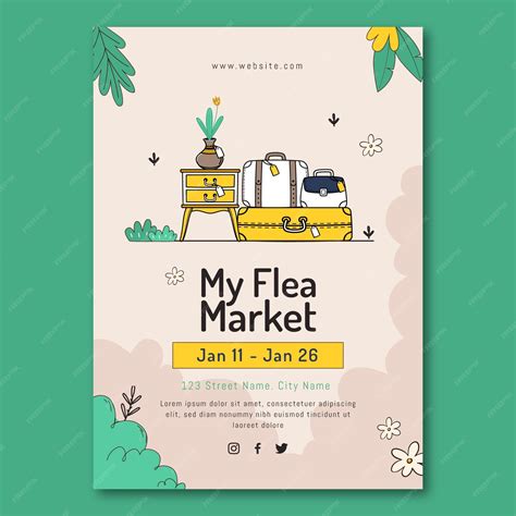 평면 중고 벼룩 시장 세로 포스터 템플릿 무료 벡터