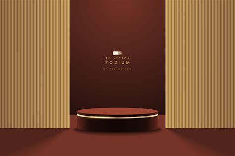 호화스러운 갈색 3d 실린더 연단 현실적 또는 제품 전시 발표 및 금 수직 모양 벽을 위한 받침대 단계 모형을 위한 최소한의 장면 쇼 제일 제품을 위한 3d 단계 0명에
