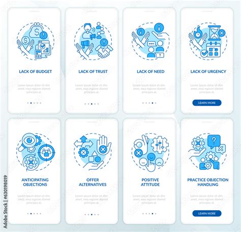 Objection Handling Blue Onboarding Mobile App Screen Set Closing Deal Walkthrough 4 Steps