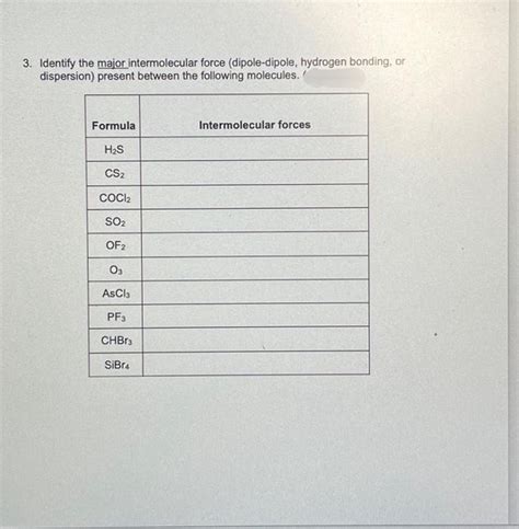 Answered 3 Identify The Major Intermolecular Force Dipole Dipole Hydrogen Bonding Or