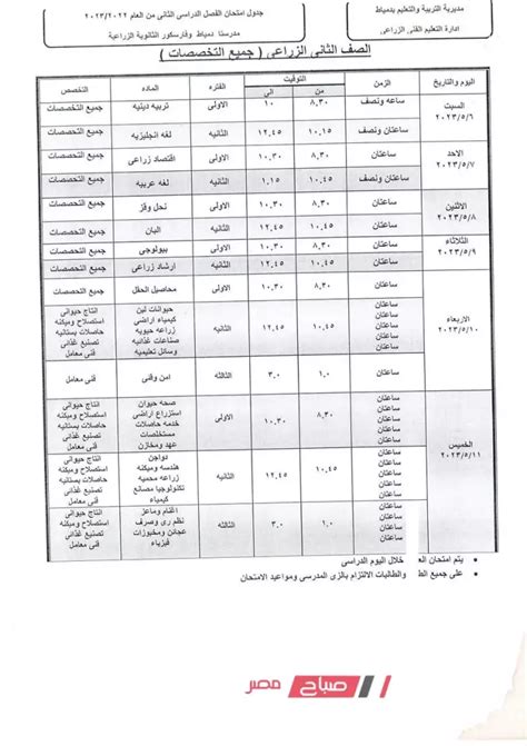 جدول امتحانات تانية ثانوي زراعي 2023 الترم الثاني محافظة دمياط جميع التخصصات شبابيك