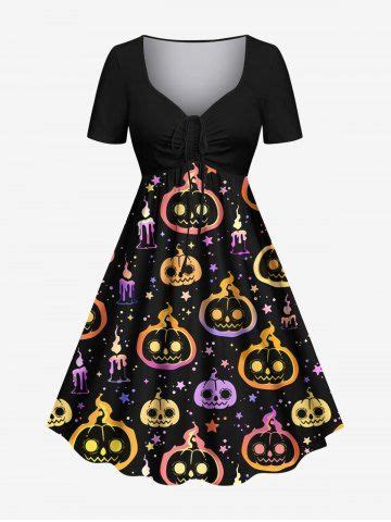 Plus Size Halloween Pumpkin Candles Star Print Cinched Dress 39 Off