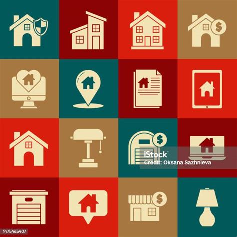 테이블 램프 노트북 및 스마트 홈 태블릿 홈 기호 집이 있는 지도 포인터 모니터 하트 모양 집 방패 및 계약 아이콘을 설정합니다