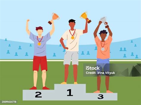 남자의 벡터 일러스트 레이 션은 수상 수상자 연단에 서서 우승자 컵을 들고 있습니다 3위에 대한 스톡 벡터 아트 및 기타 이미지