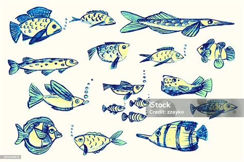 크레용 손으로 그린 다양 한 물고기 세트 노란색 낙서 모양 녹색과 파란색 귀여운 바다 패턴입니다 해양 어린이 학교 배경 흰색 배경에 분필 스케치 요소 벡터 일러스트레이션 0