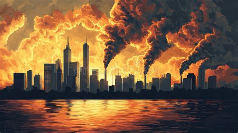 Pixel Art Cityscape At Sunset With Heavy Air Pollution Stock Illustration Illustration Of