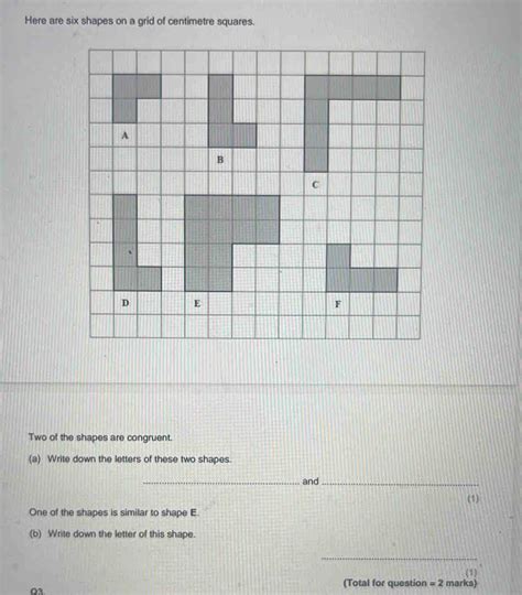 solved here are six shapes on a grid of centimetre squares a b c d e f two of the shapes [math]