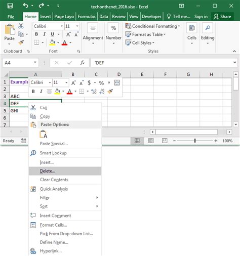 MS Excel 2016 Delete A Row