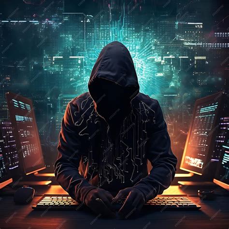 Hooded Hacker Orchestrates A Daring Cyber Attack Cyber Security With Digital Waves Premium Ai