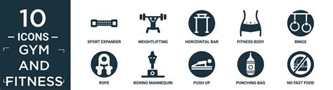 채워진 체육관과 피트니스 아이콘 세트 플랫 스포츠 확장기 역도 수평 막대 피트니스 바디 링 로프 권투 마네킹 팔 굽혀 펴기 펀칭 백 편집 가능한 패스트 푸드 아이콘 없음이
