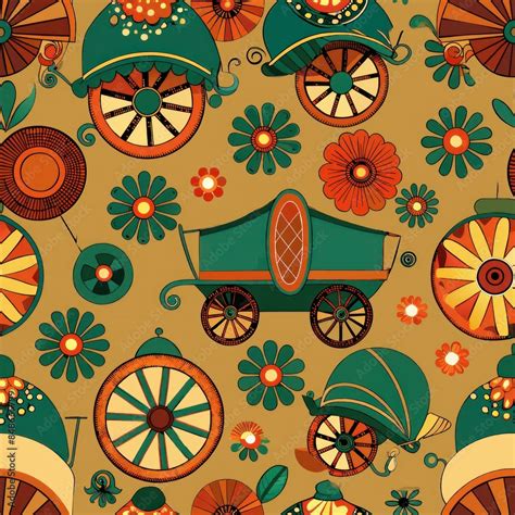 Seamless Pattern Of Gypsy Caravan Motifs And Ornate Wagon Wheels