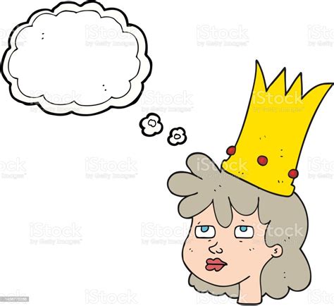 Freehand Drawn Thought Bubble Cartoon Queen With Crown Stock