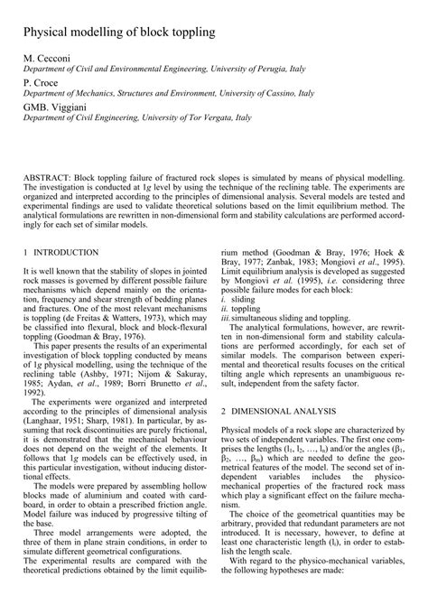 Pdf Physical Modelling Of Block Toppling