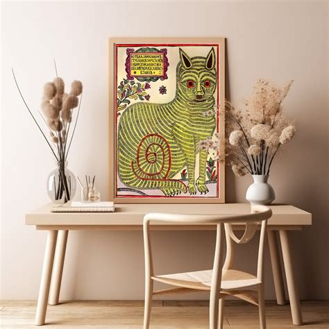 Vintage Cat Poster Antique Euro Folk Art Wall Art Retro Russian