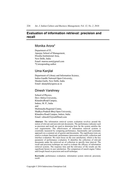 Pdf Evaluation Of Information Retrieval Precision And Recall