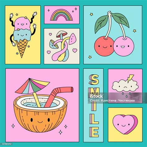 트렌디한 Y2k 만화 스타일의 복고풍 요소를 콜라주합니다 소셜 미디어 게시물 포스터 표지 또는 엽서 1990 1999 년에 대한 스톡 벡터 아트 및 기타 이미지 Istock