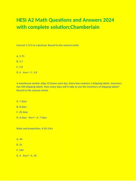 Hesi A2 Math Questions And Answers 2024 With Complete Solution Chamberlain Chamberlain Hesi