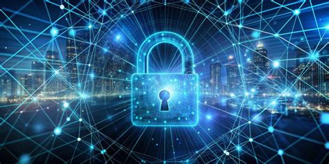 Cyber Security Network Lock Over Cityscape Abstract Blue Digital Security Concept Stock