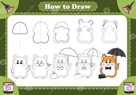 Step By Step Guide How To Draw Hamster Gentleman Holding Umbrella Stock