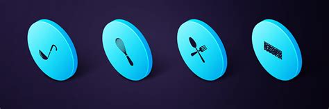 거품 크로스 포크와 숟가락 부엌 거품과 국자 아이콘이있는 등각 스폰지를 설정합니다 벡터 3차원 형태에 대한 스톡 벡터 아트 및