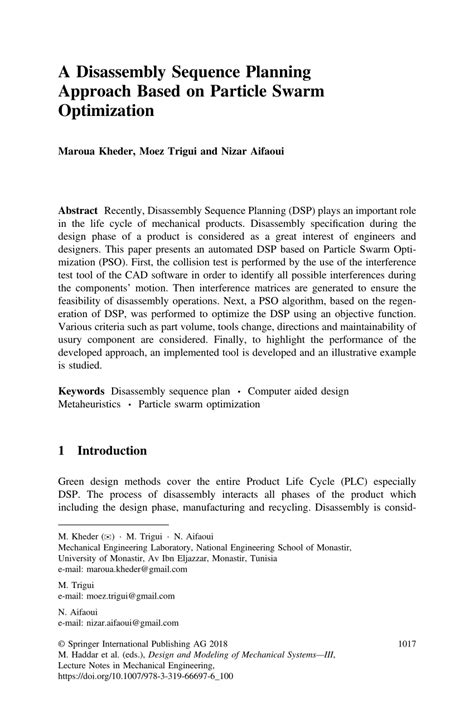 Pdf A Disassembly Sequence Planning Approach Based On Particle Swarm
