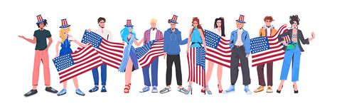 7월 미국 독립기념일 4일 미국 국기를 들고 축제 모자를 쓰고 인종을 섞는다 7월 4일에 대한 스톡 벡터 아트 및 기타 이미지 7월 4일 여자 4세기 Istock