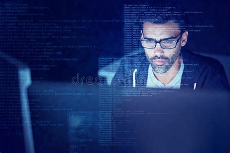 Hacker Code And Overlay With Man And Computer For Scam Cyber Security And Password Theft